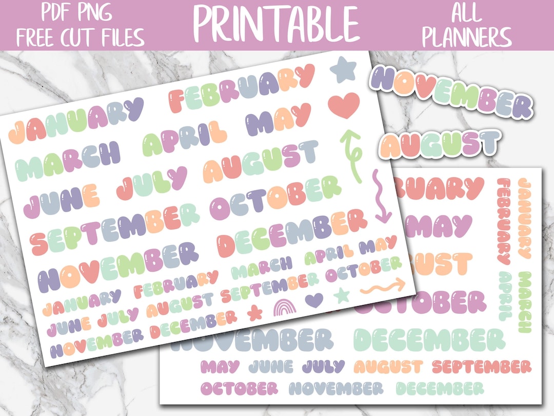 Colorful Months Scripts Printable Planner Stickers, Rainbow Pastel ...