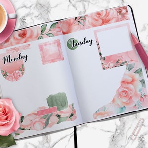 Roses | Bullet Journal Printable Stickers, Pink Flower Diary Digital ...