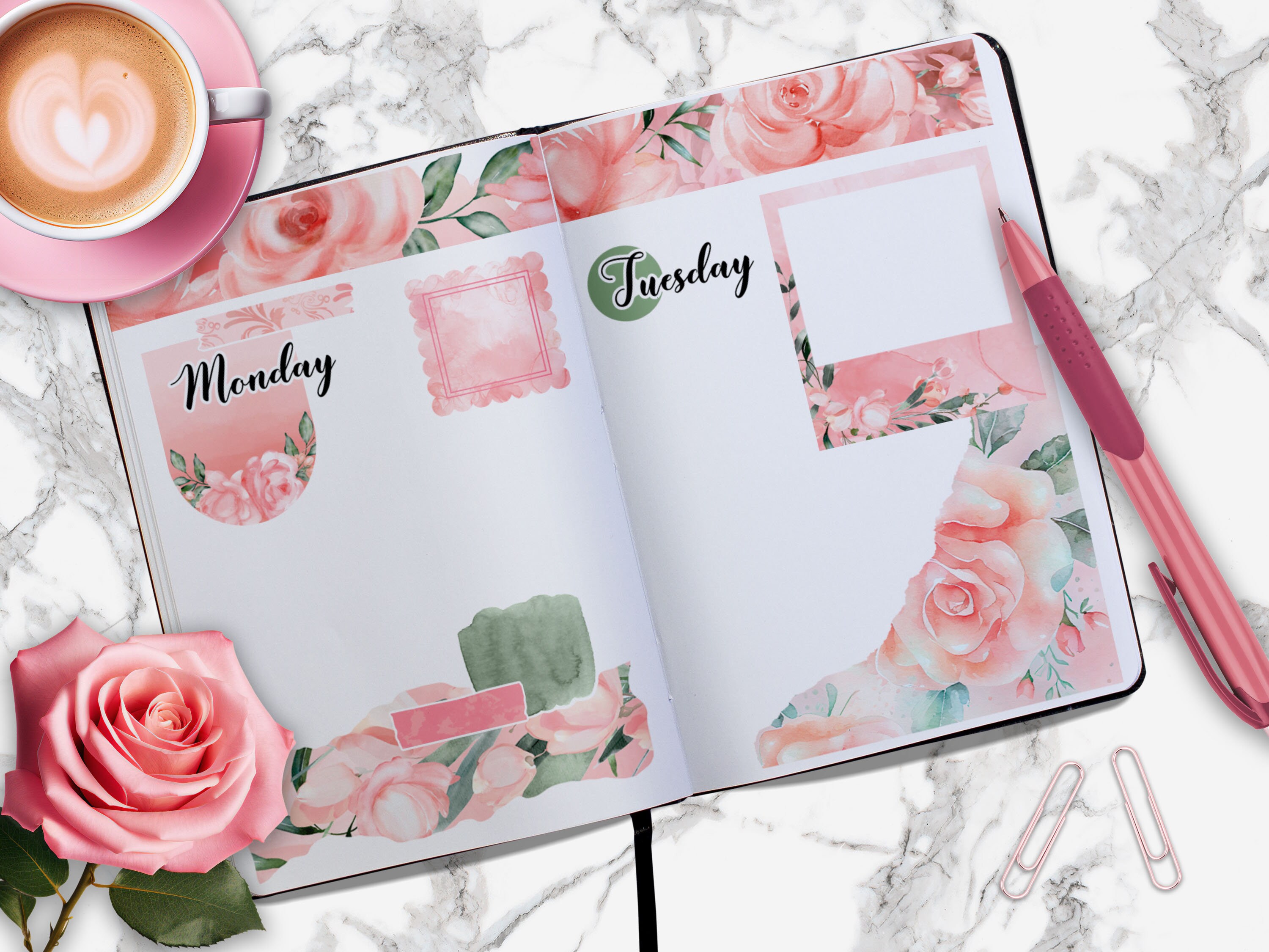 Roses | Bullet Journal Printable Stickers, Pink Flower Diary Digital ...