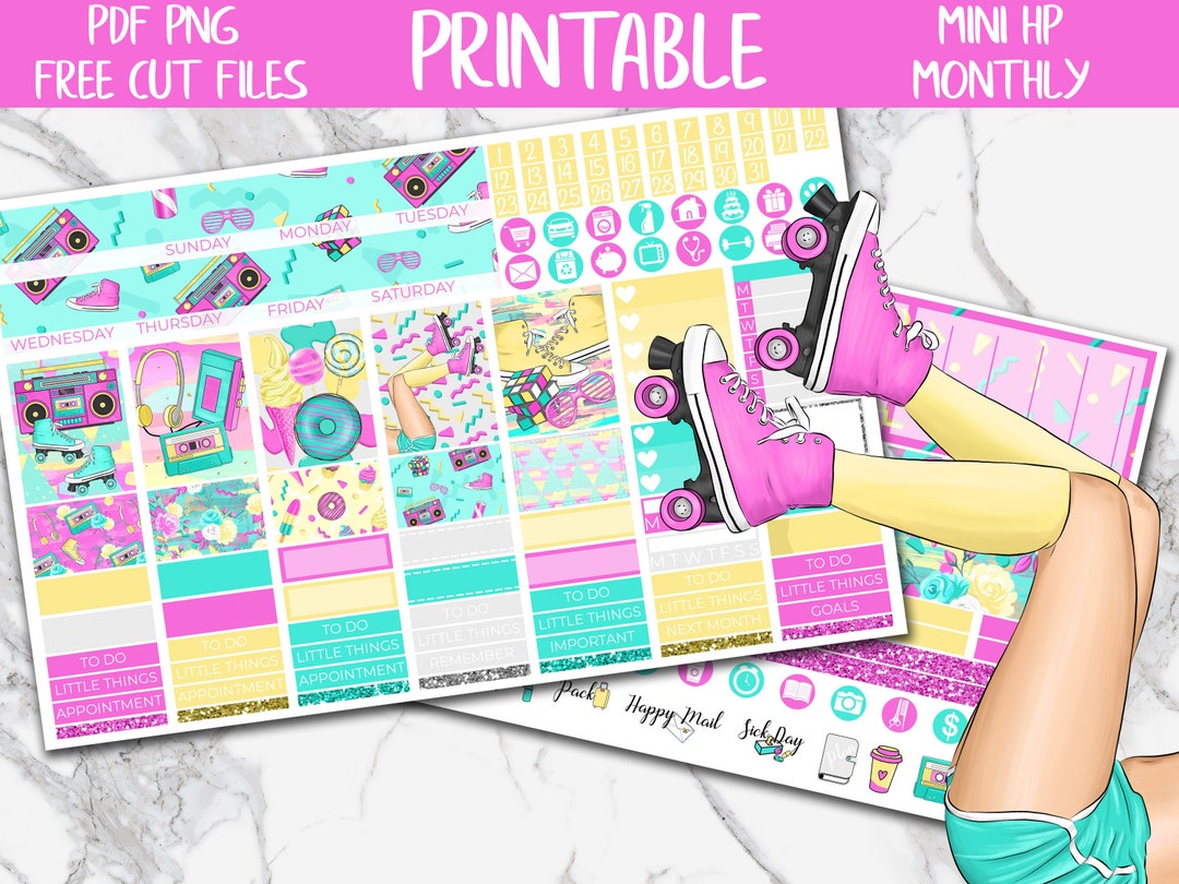 Retro Fun | 90s Girl Monthly Printable Planner Stickers, Roller Skating ...