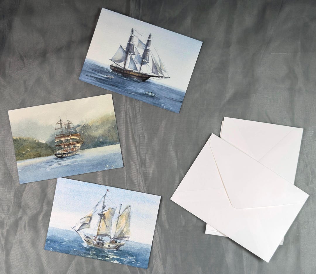 Set of 3 Nautical Postcards - Tall Ship Watercolor Prints on Watercolor ...