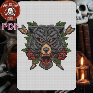 Werewolf Cross Stitch, Gothic Art With Roses & Arrows, Medieval Witchy ...