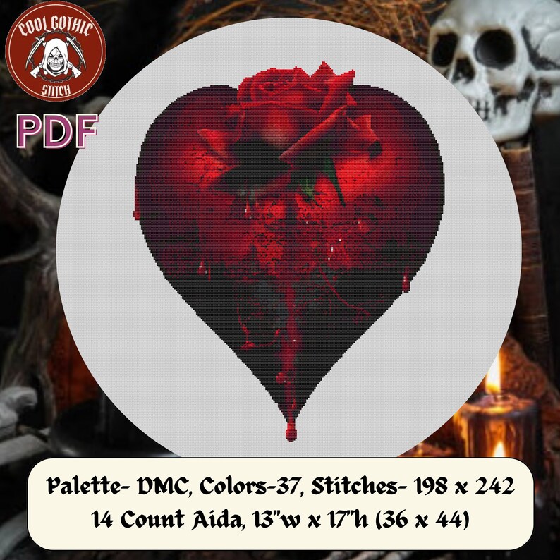 Bleeding Heart Cross Stitch Pattern | Gothic Rose Design for Valentine ...