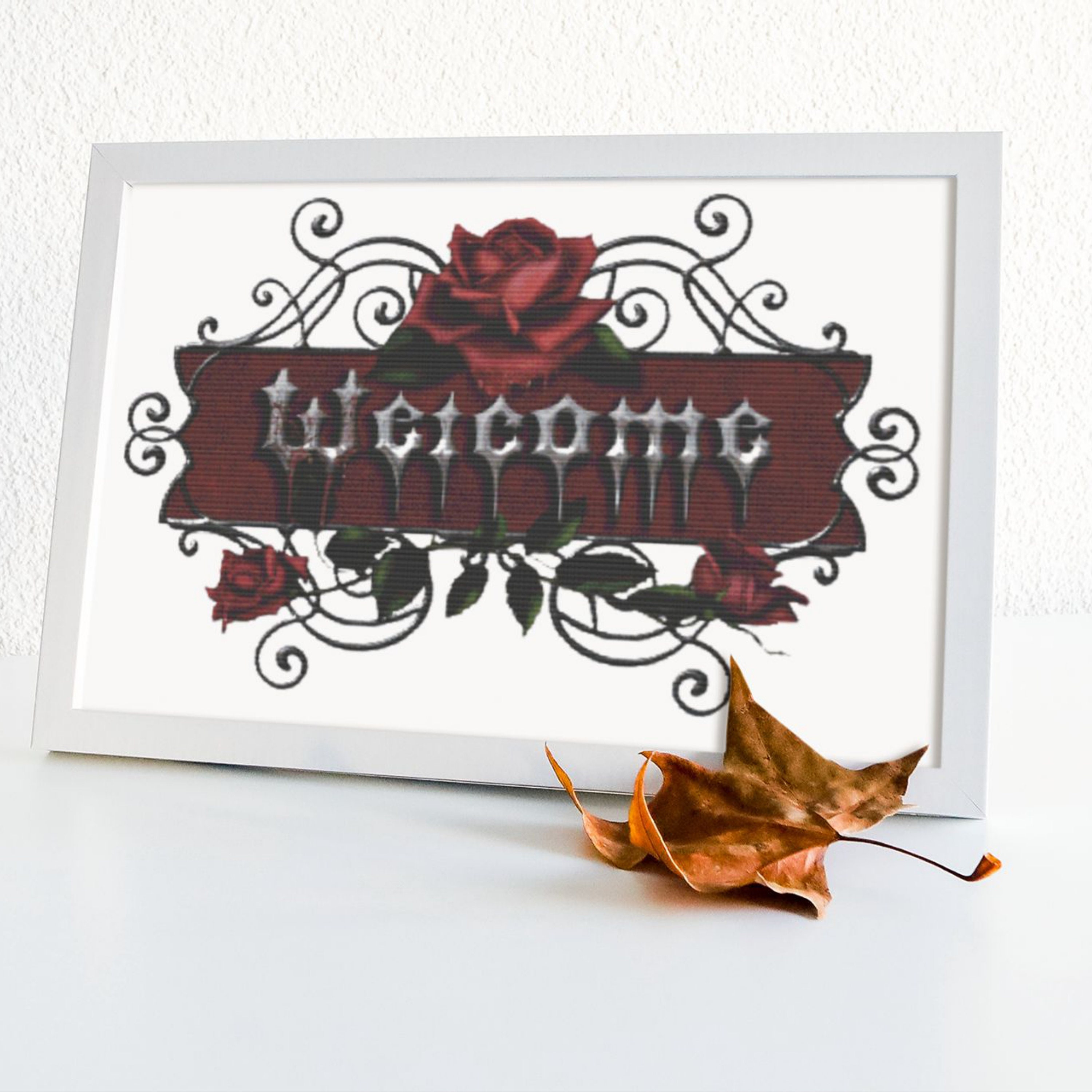 Gothic Welcome Sign With Red Roses & Silver Letters, Counted Cross ...