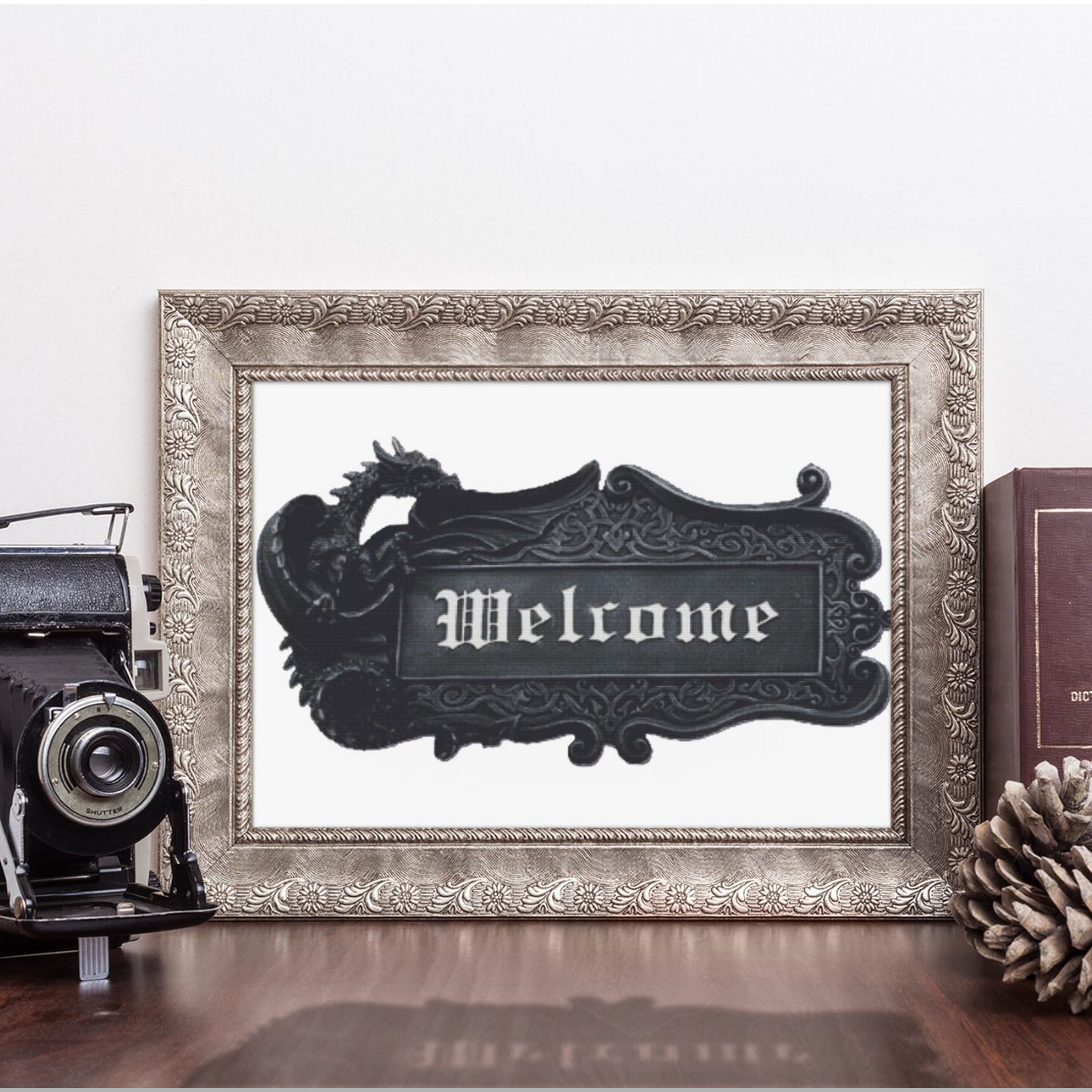 Gothic Welcome Sign With Dragon, Medieval Gothic Magic, Counted Cross ...