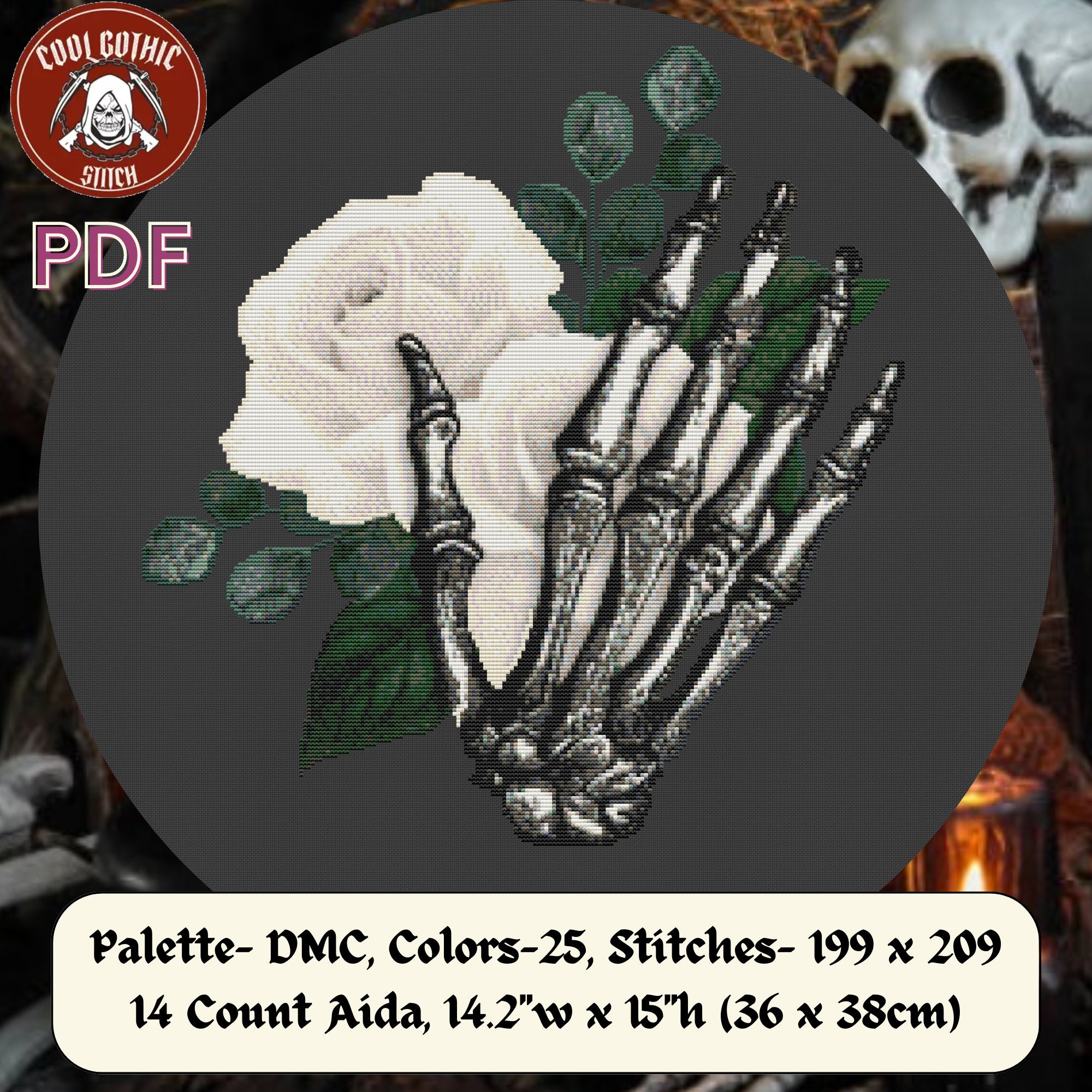 Set of 3 Patterns-gothic Cross Stitch, White Roses, Skeleton Hand ...