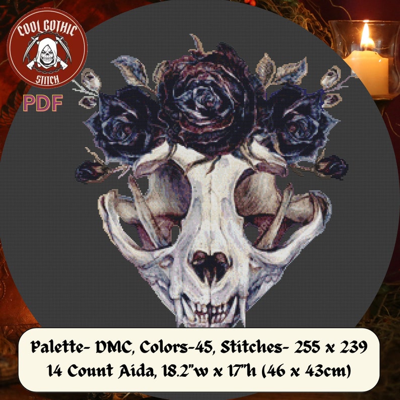 Goth Skull With Black Roses - Creepy Cross Stitch Pattern, Macabre ...