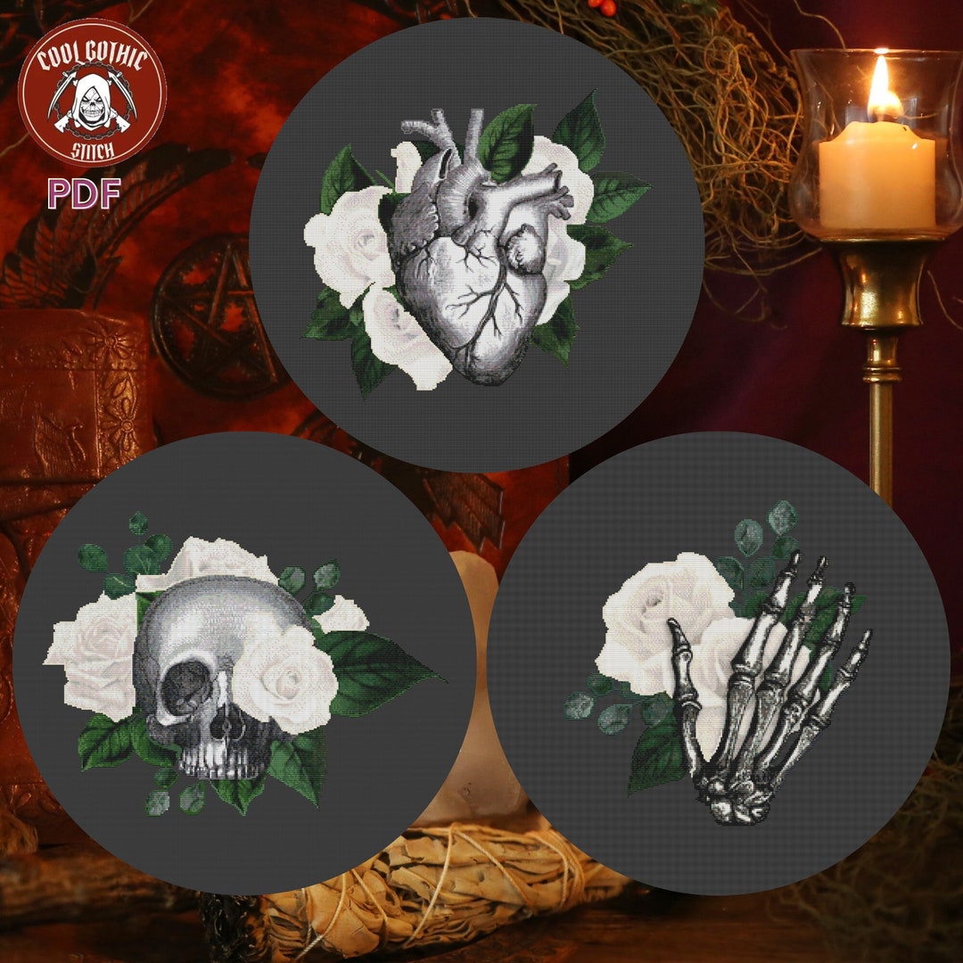 Set of 3 Patterns-gothic Cross Stitch, White Roses, Skeleton Hand ...