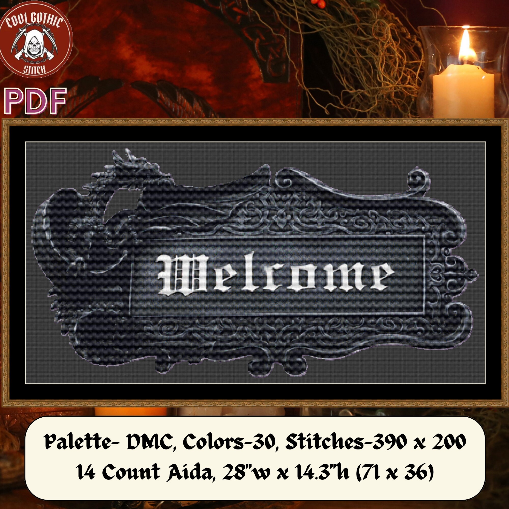 Gothic Welcome Sign With Dragon, Medieval Gothic Magic, Counted Cross ...