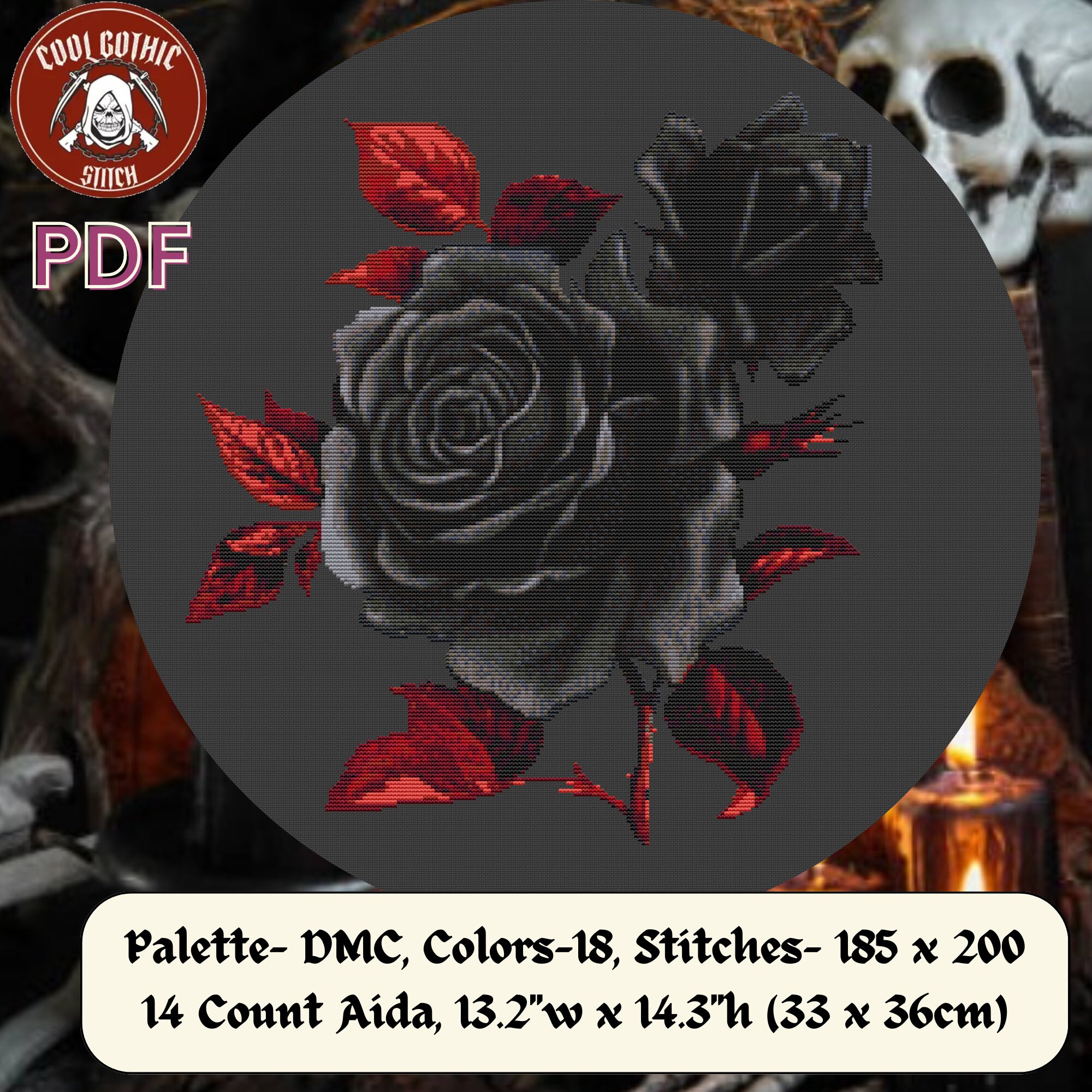 Black Rose Cross Stitch, Gothic Floral Cottagecore Art, Dark Academia ...