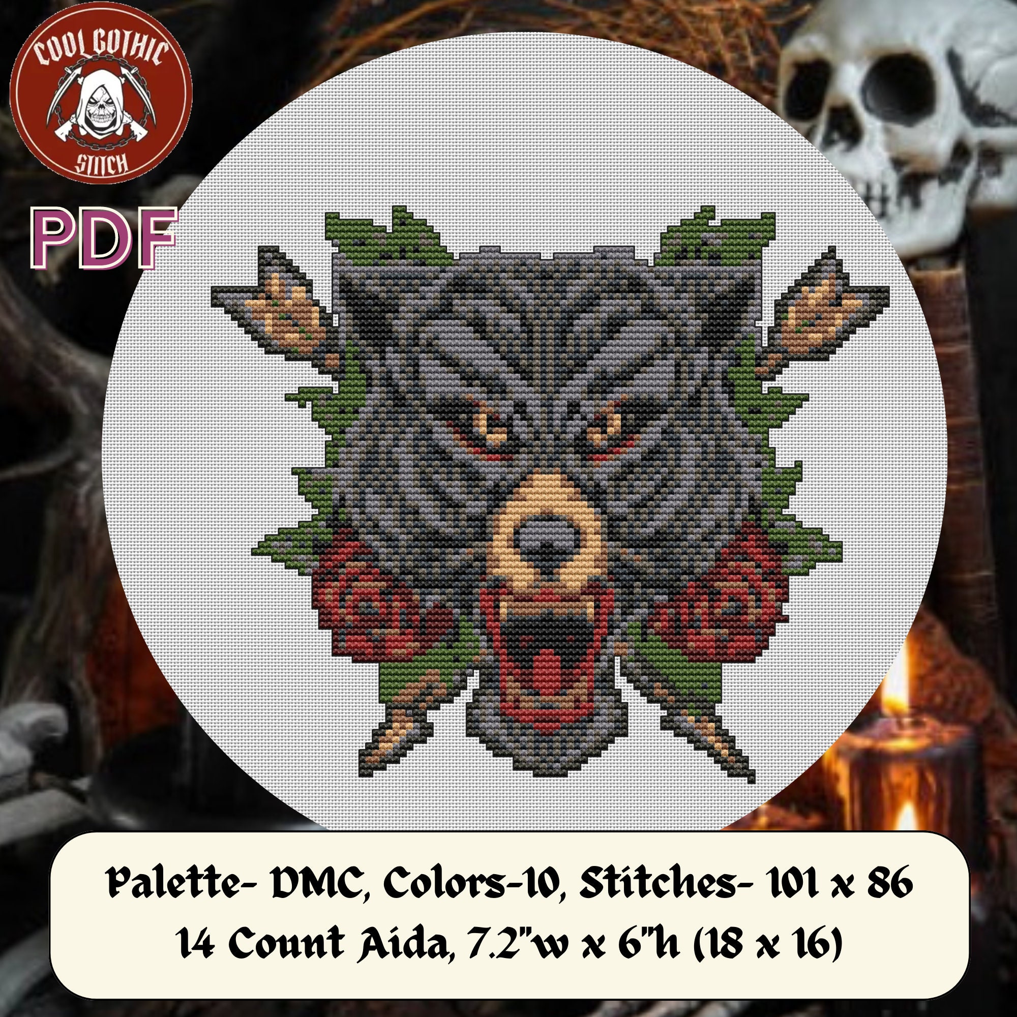 Werewolf Cross Stitch, Gothic Art With Roses & Arrows, Medieval Witchy ...