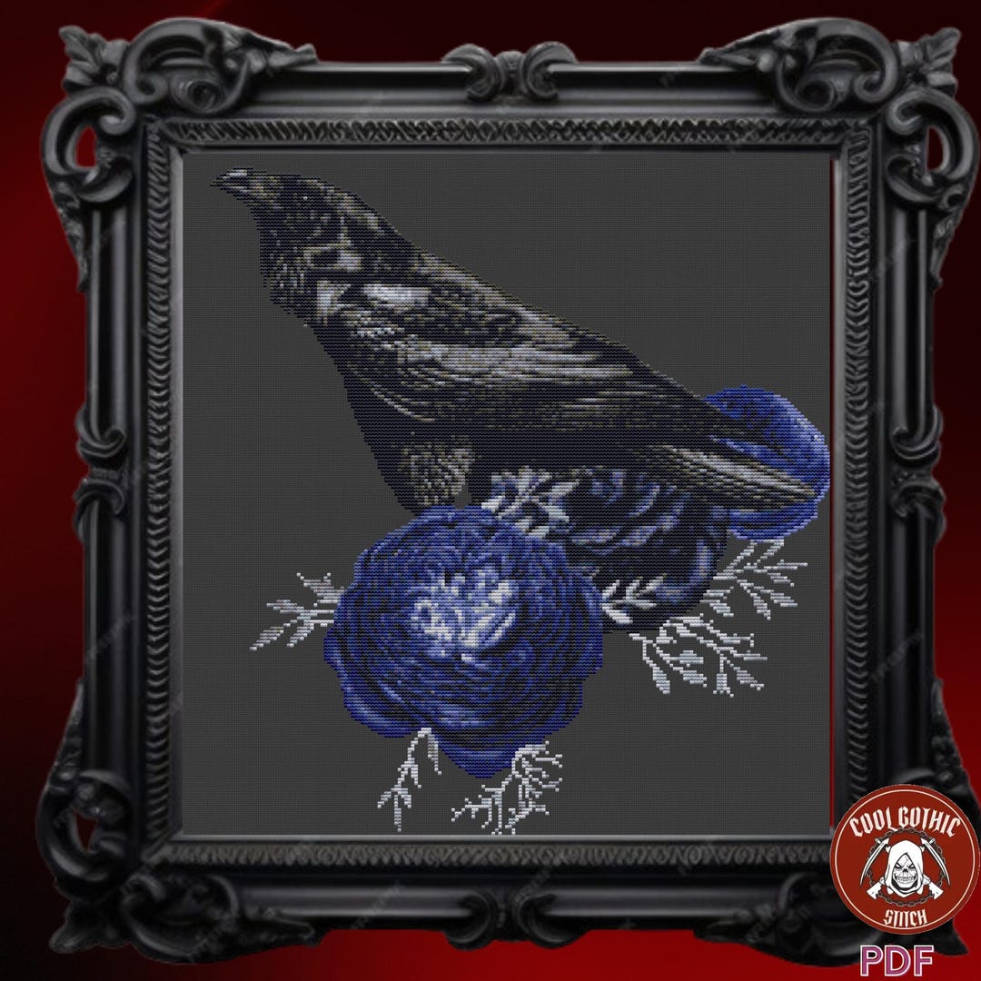 Raven Spirit Animal Cross Stitch, Blue Gothic Flowers, Macabre Creepy ...
