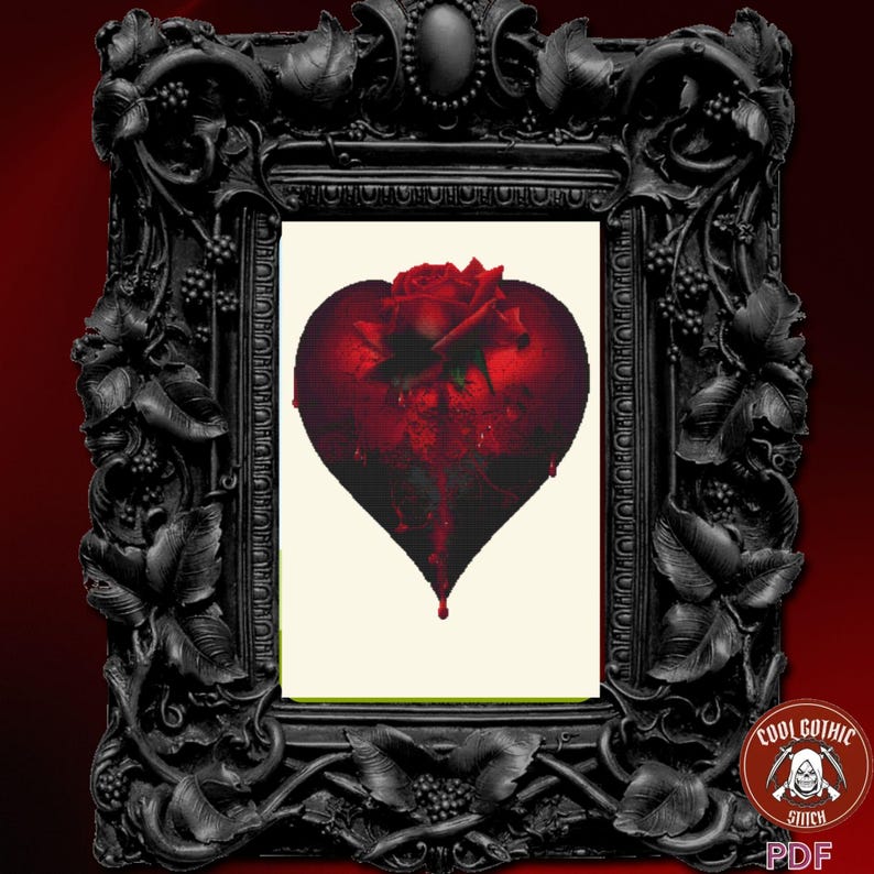 Bleeding Heart Cross Stitch Pattern | Gothic Rose Design for Valentine ...