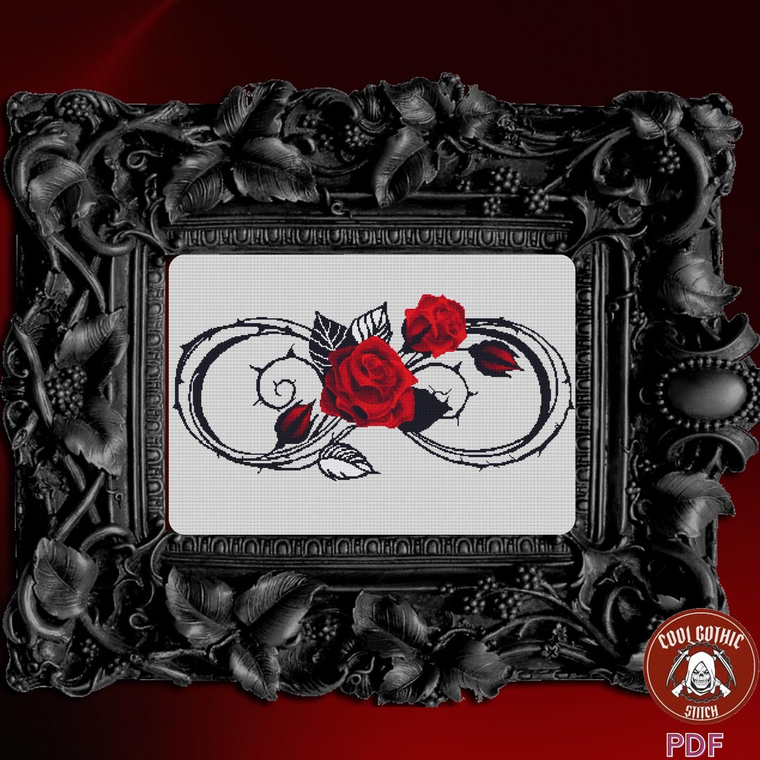 Infinity Symbol Cross Stitch With Gothic Red Roses, Modern Valentine’s ...