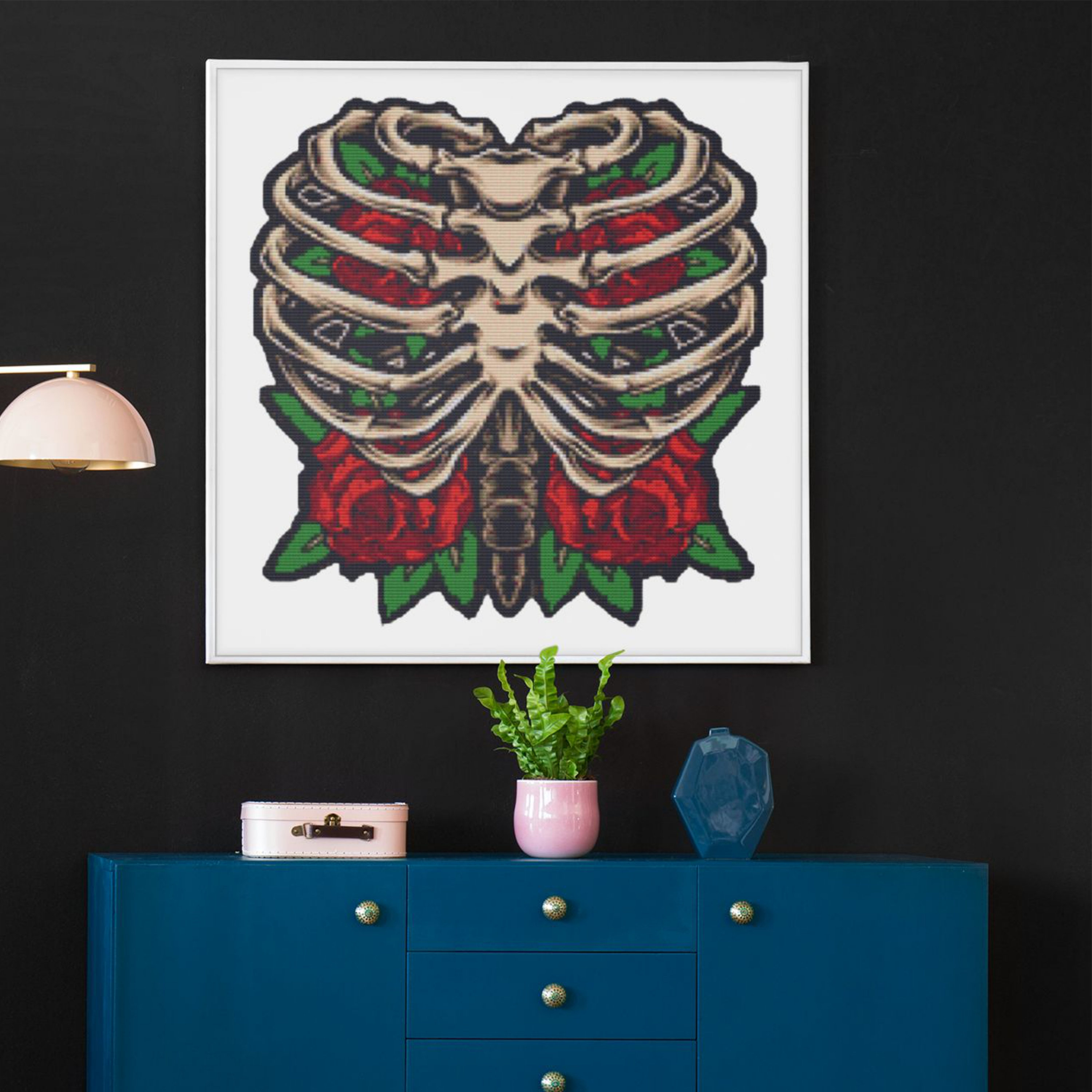 Skeleton Ribcage With Red Roses, Macabre Decor, Horror Cross Stitch ...