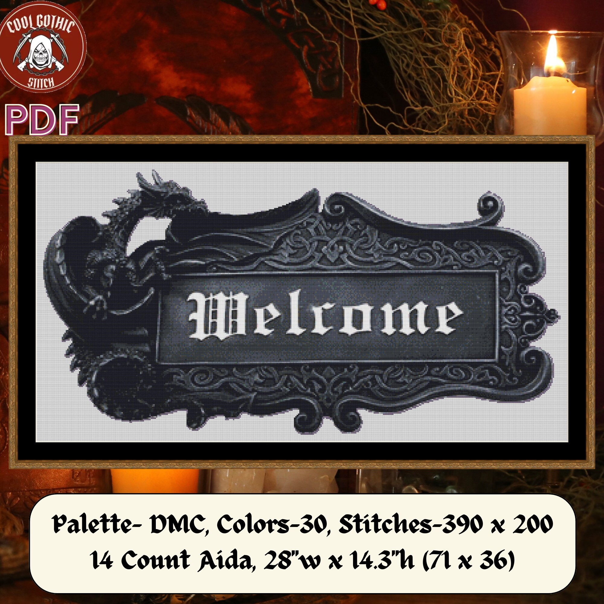 Gothic Welcome Sign With Dragon, Medieval Gothic Magic, Counted Cross ...