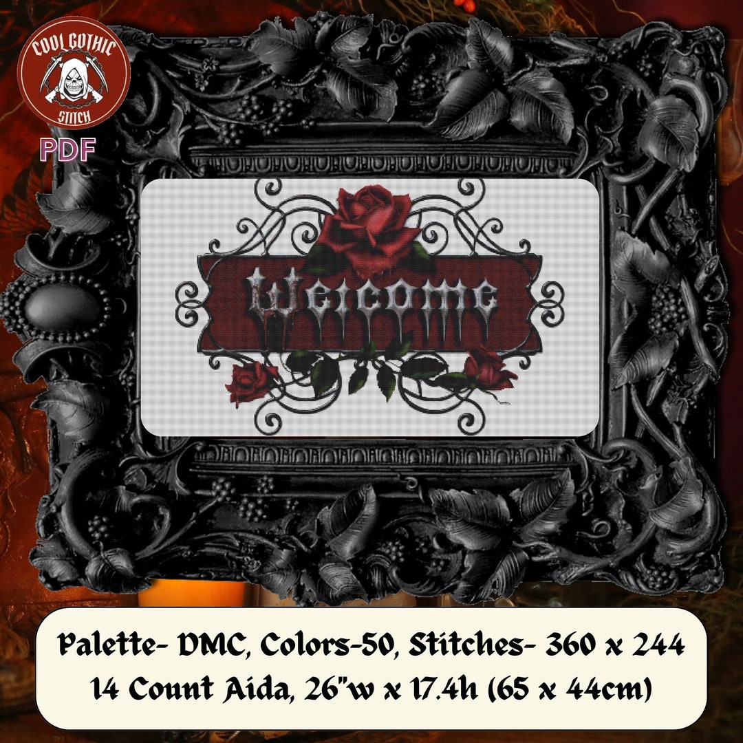 Gothic Welcome Sign With Red Roses & Silver Letters, Counted Cross ...