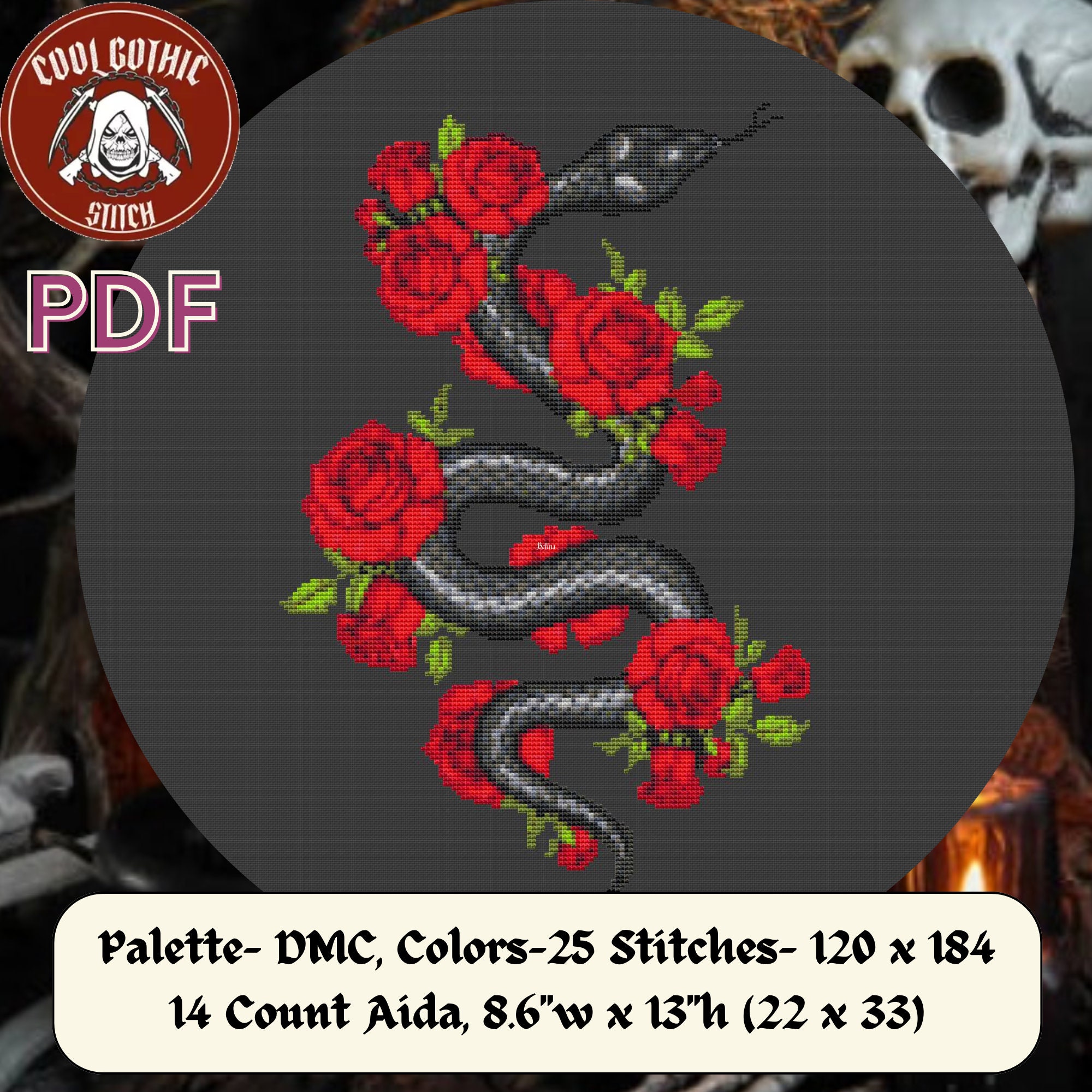 Snake With Red Rosses, Dark Gothic Cross Stitch, Serpent Mythological ...