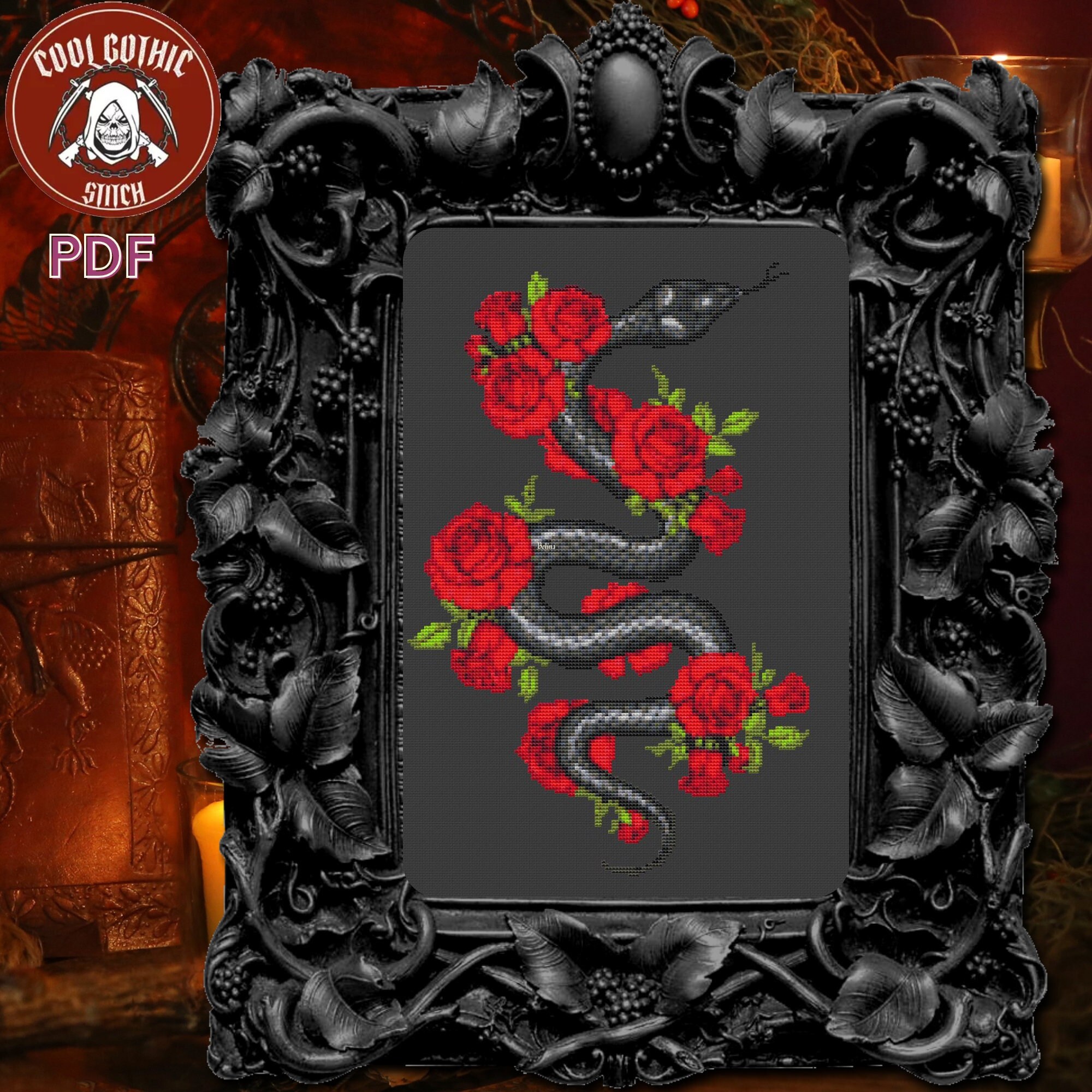 Snake With Red Rosses, Dark Gothic Cross Stitch, Serpent Mythological ...