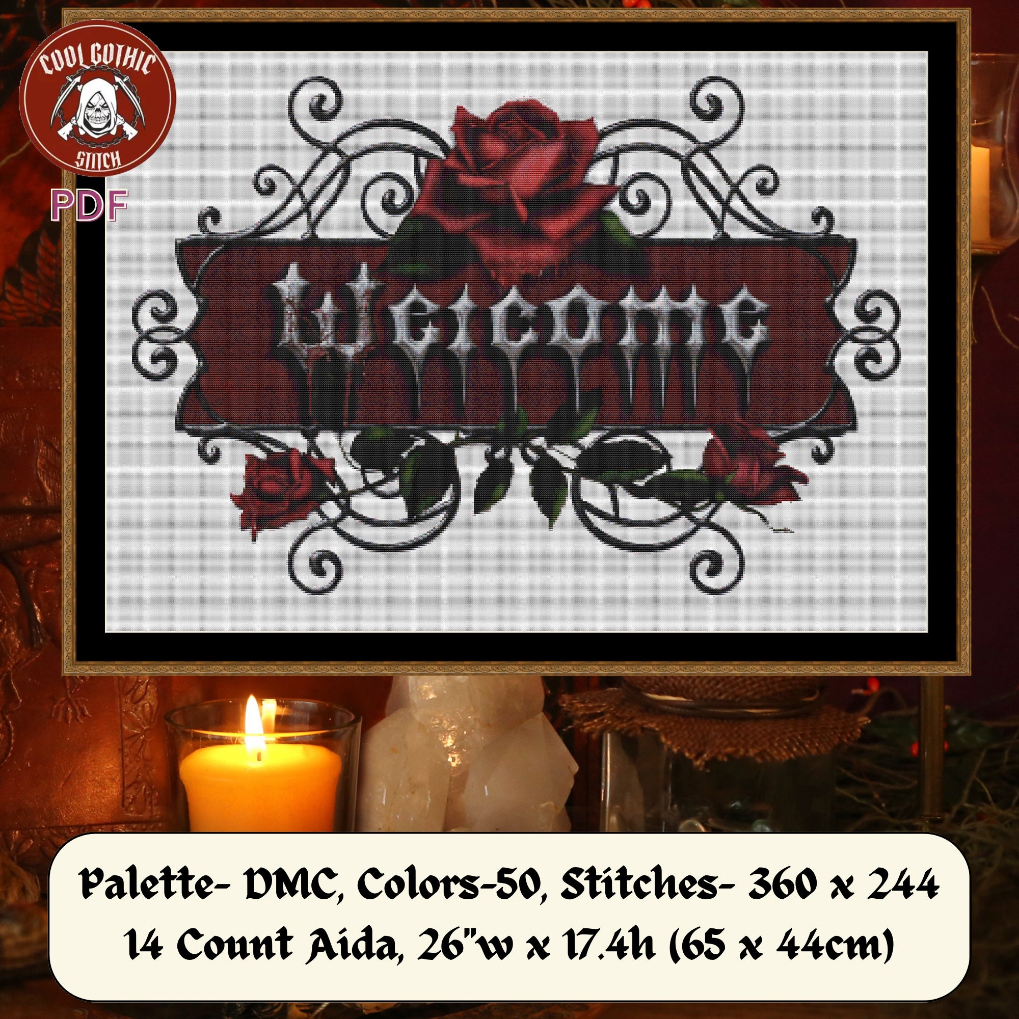Gothic Welcome Sign With Red Roses & Silver Letters, Counted Cross ...