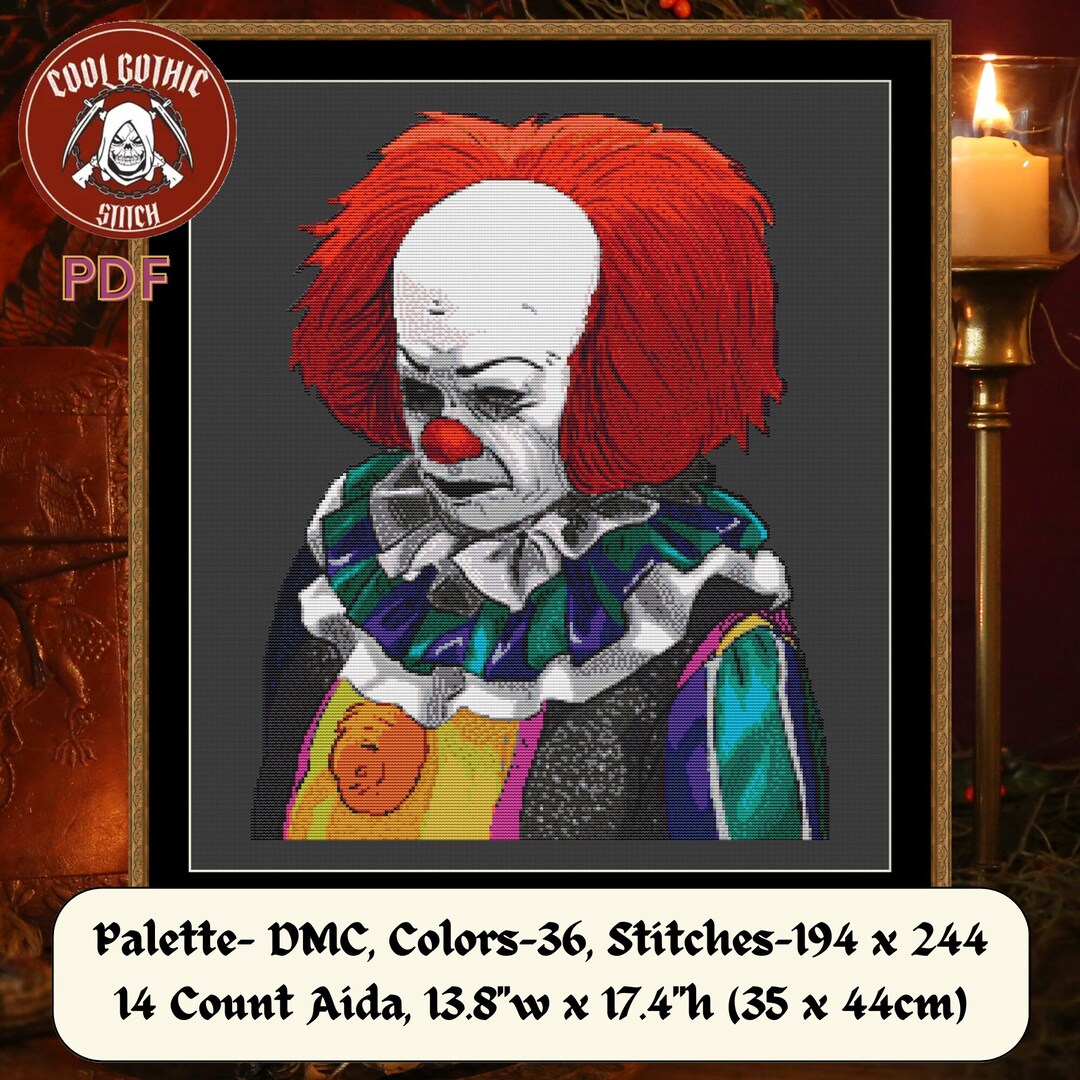 Clown Cross Stitch, Creepy Silent Clown From Horror Movie, Uncanny ...