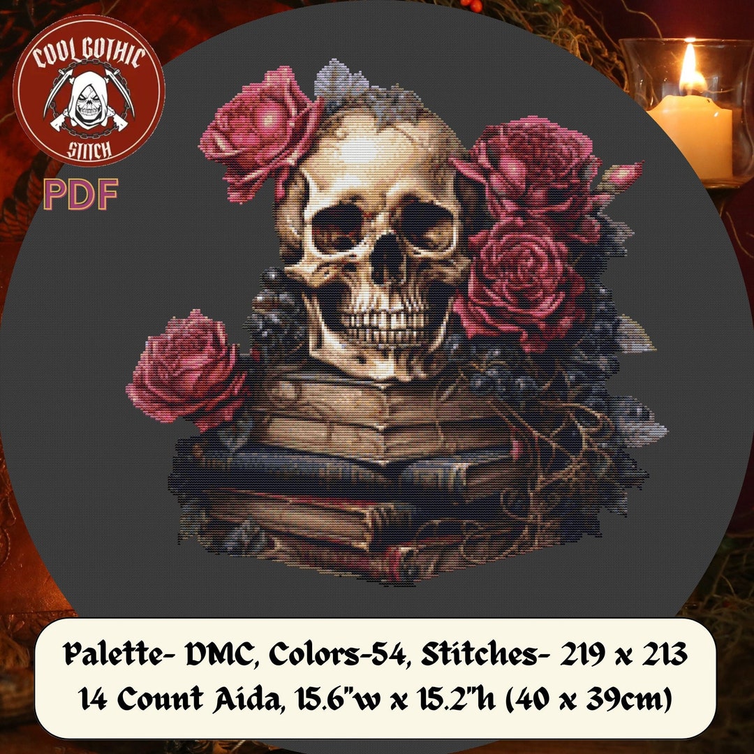 Creepy Cross Stitch, Human Skull With Black Roses, Grim Morbid Dark ...