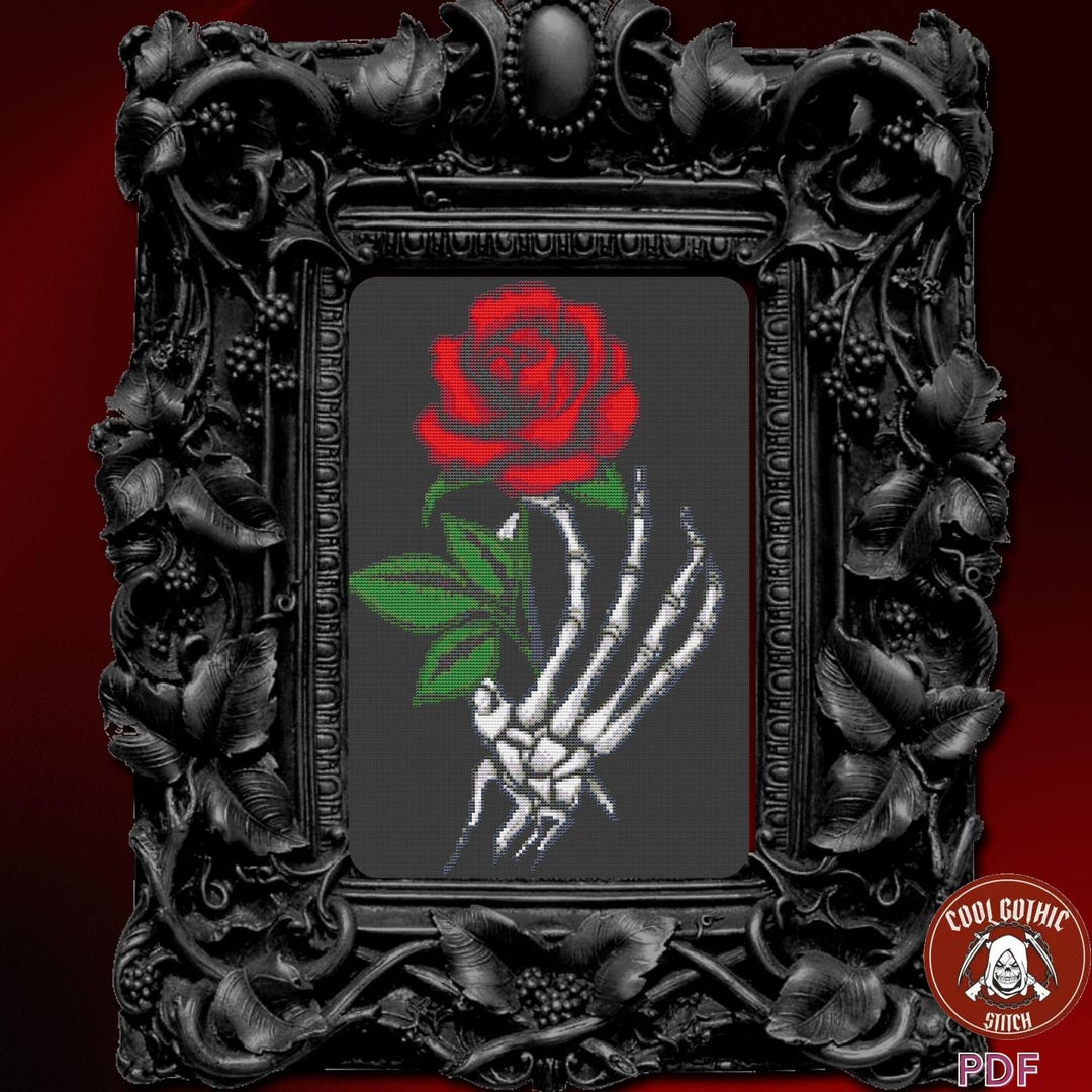 Skeleton Hand Cross Stitch Pattern With Romantic Red Rose | Gothic ...