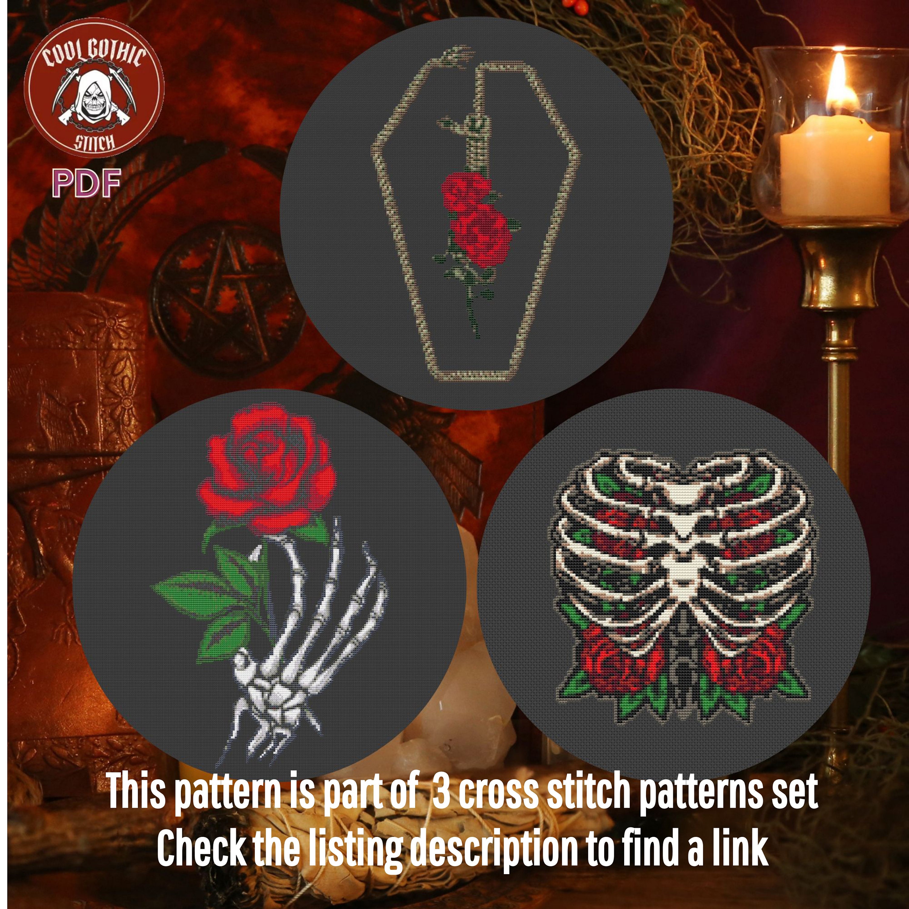 Skeleton Ribcage With Red Roses, Macabre Decor, Horror Cross Stitch ...