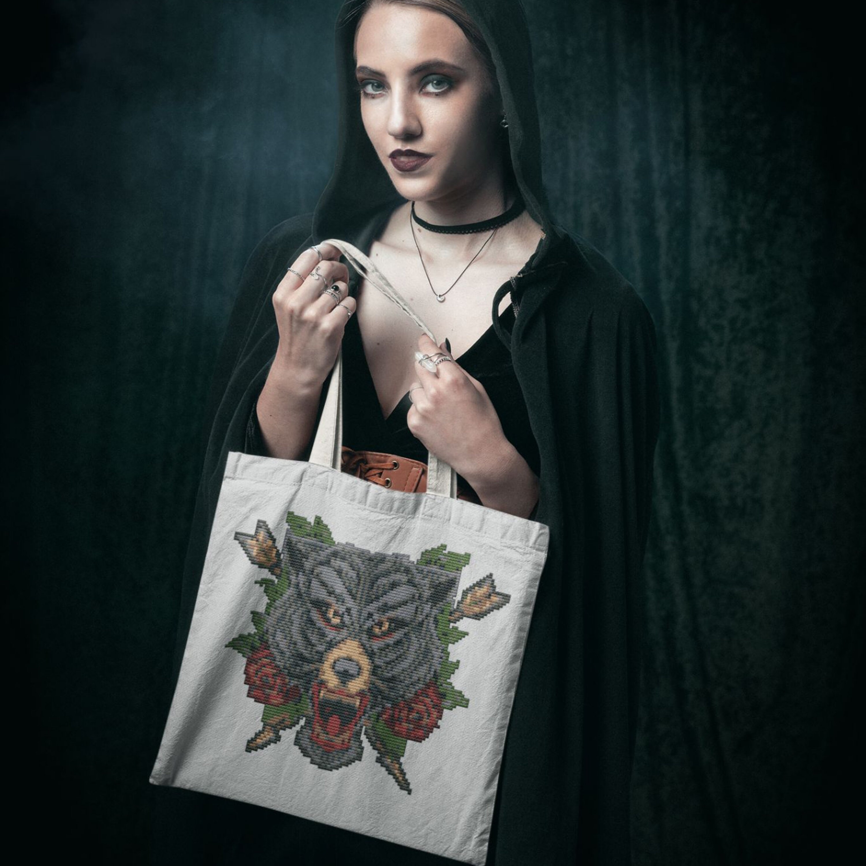 Werewolf Cross Stitch, Gothic Art With Roses & Arrows, Medieval Witchy ...