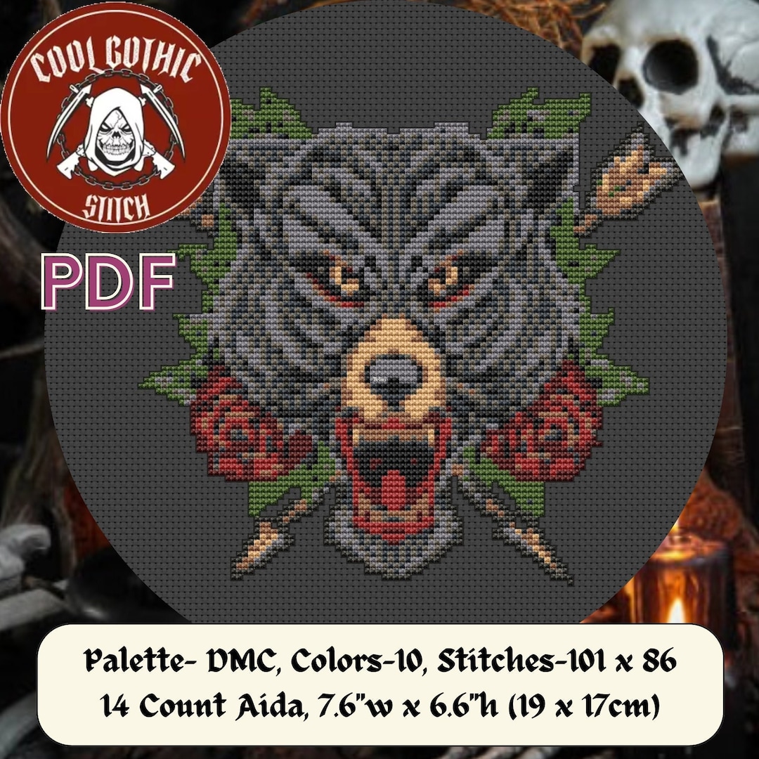 Werewolf Cross Stitch, Gothic Art With Roses & Arrows, Medieval Witchy ...