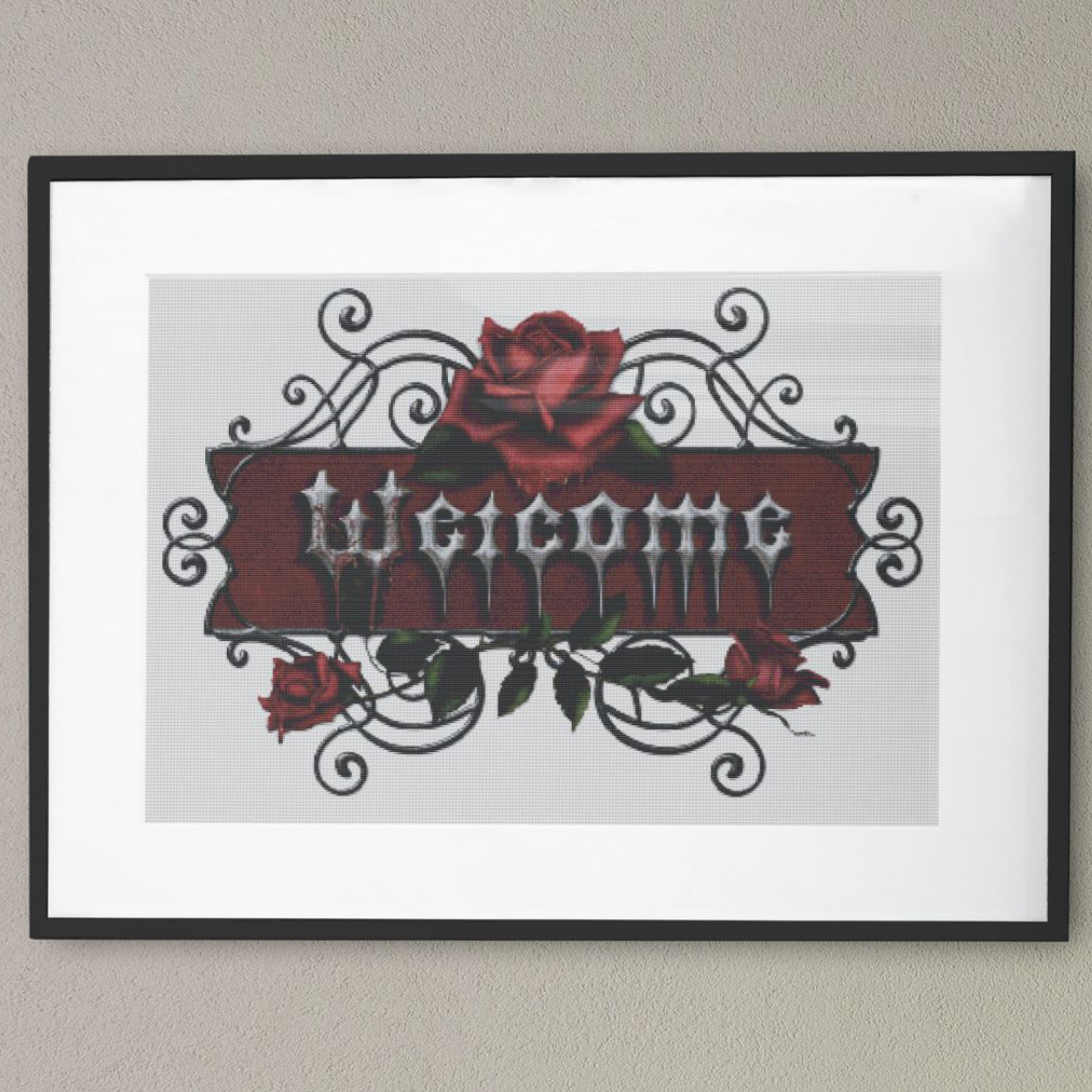 Gothic Welcome Sign With Red Roses & Silver Letters, Counted Cross ...