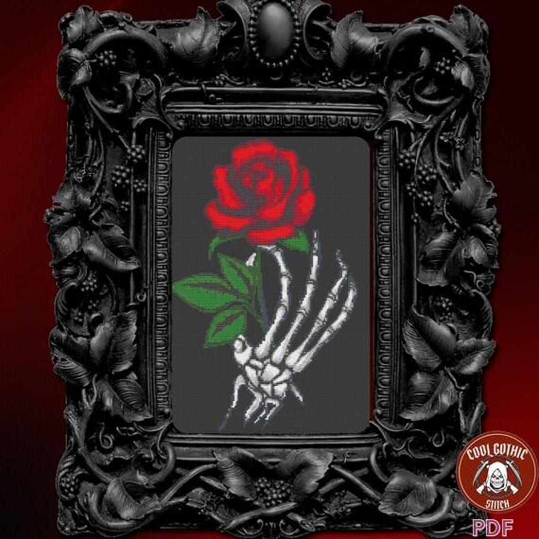 Skeleton Hand Holding a Red Rose Cross Stitch Pattern, Gothic Art Gift ...