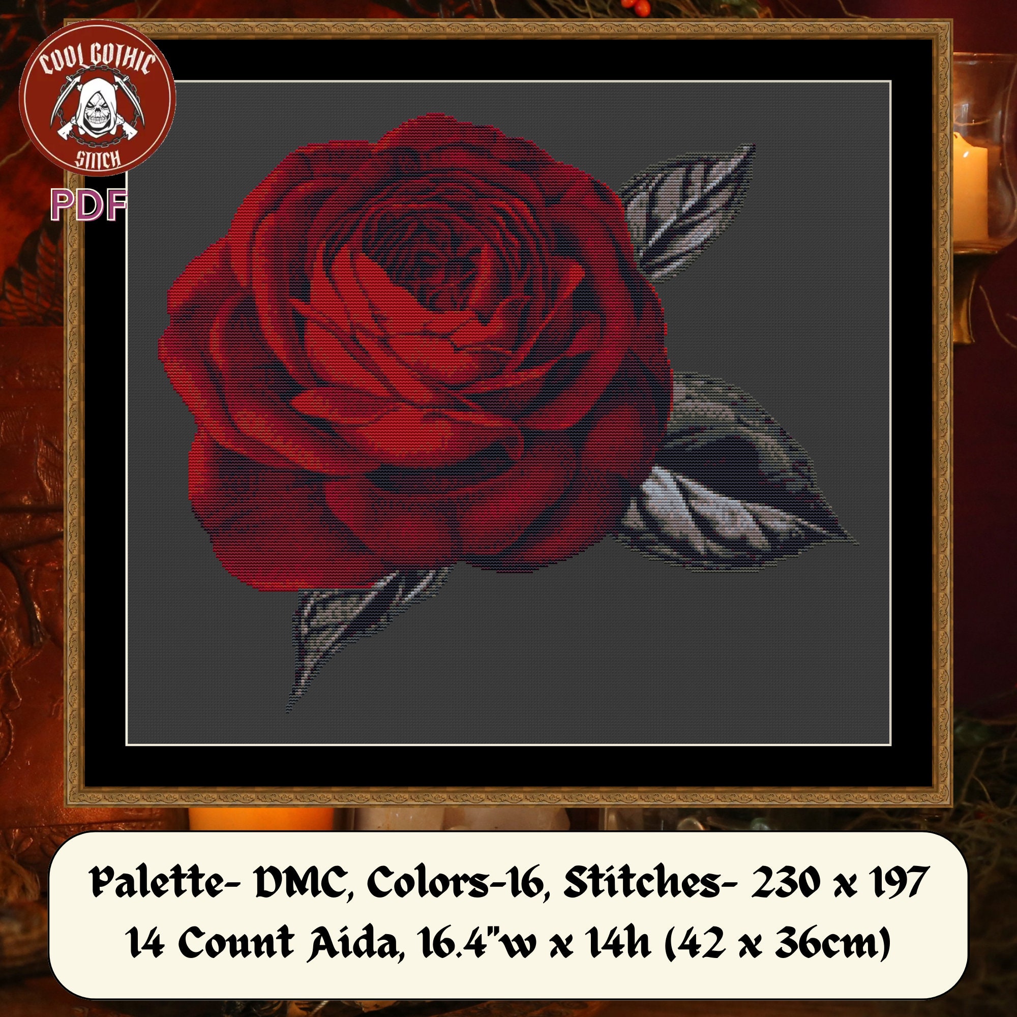 Stunning Dark Red Rose Cross Stitch, Mystical Floral Goth Art ...