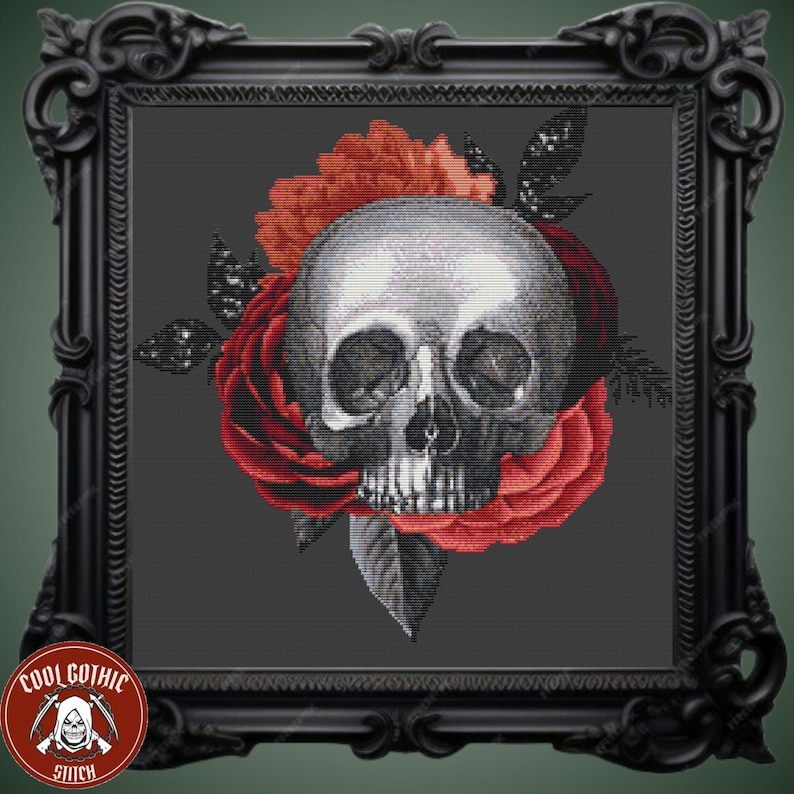 Dark Red Flowers Cross Stitch Pattern | Skull Horror Theme & Creepy ...