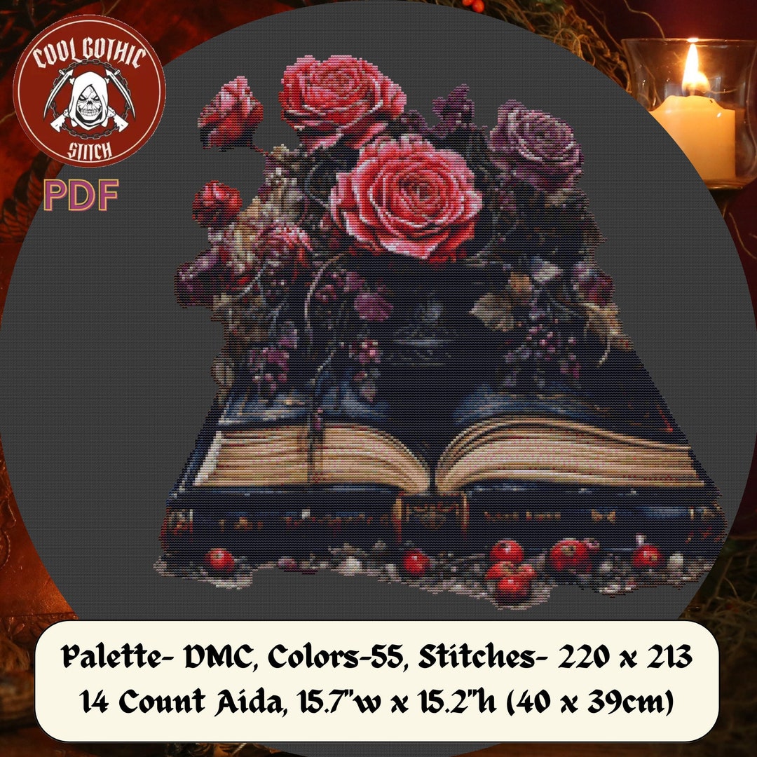 Book of Shadows Cross Stitch. Grimoire With Gothic Flowers, Pagan ...
