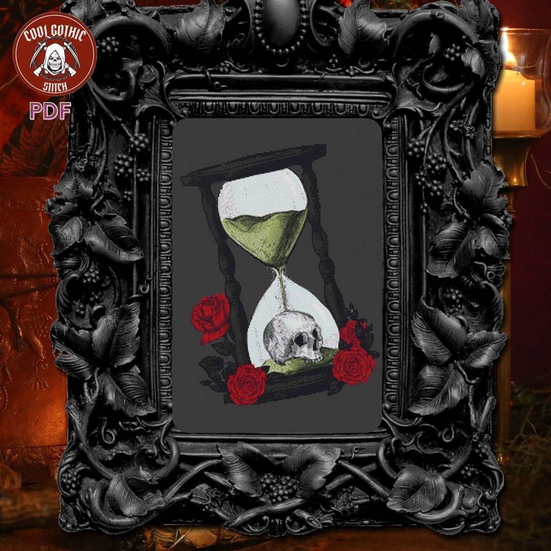 Skull Hourglass Cross Stitch Pattern Gothic Floral Decor With Dark Red ...