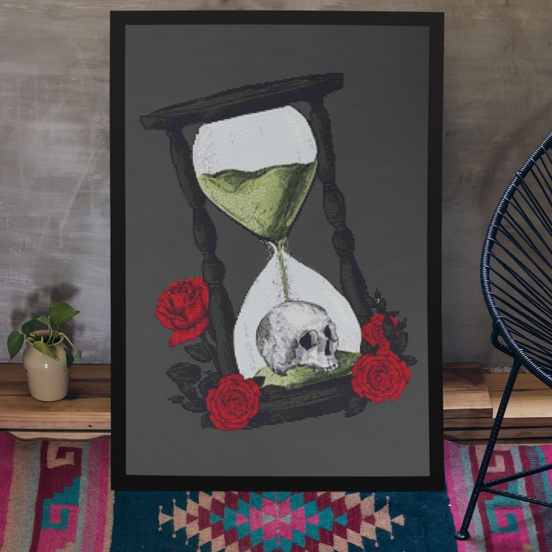 Skull Hourglass Cross Stitch Pattern Gothic Floral Decor With Dark Red Roses Halloween Horror