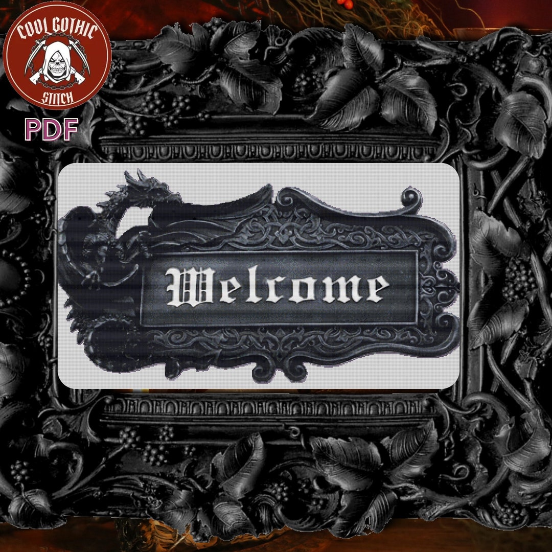 Gothic Welcome Sign With Dragon, Medieval Gothic Magic, Counted Cross ...