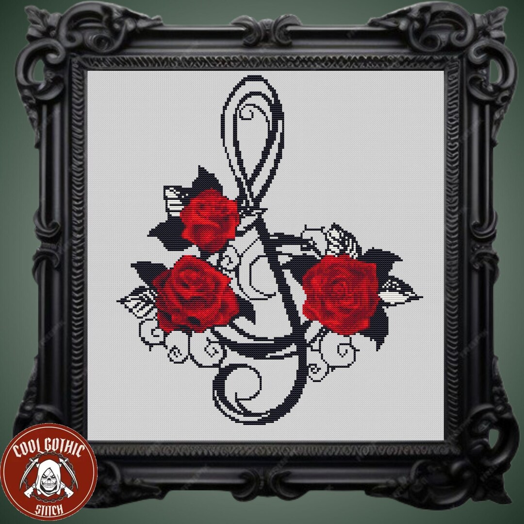 Treble Clef Symbol Cross Stitch Pattern, Gothic Red Roses, Music Lovers ...