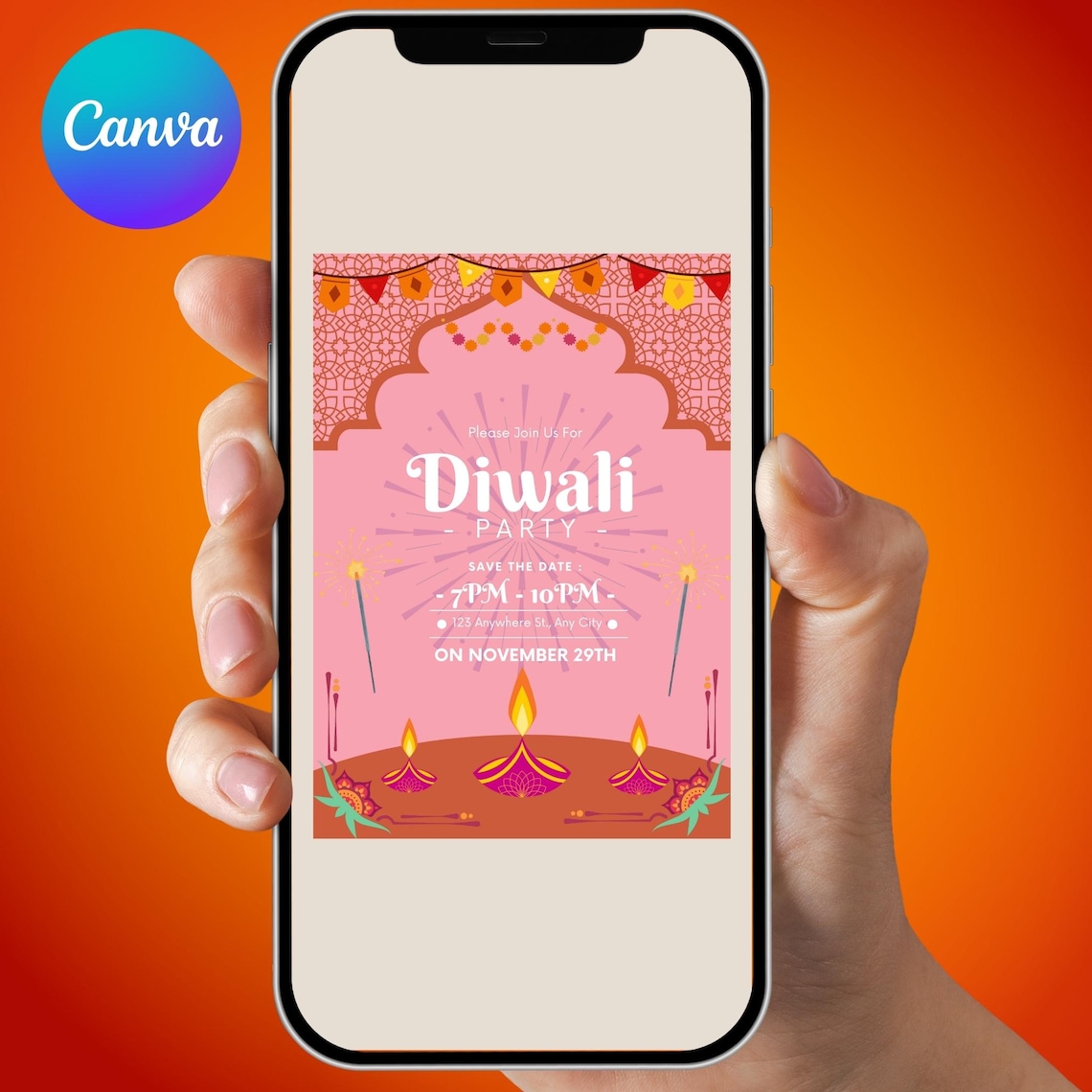 Diwali Party Invitation, Editable Hindu Festival of Lights Digital Card ...