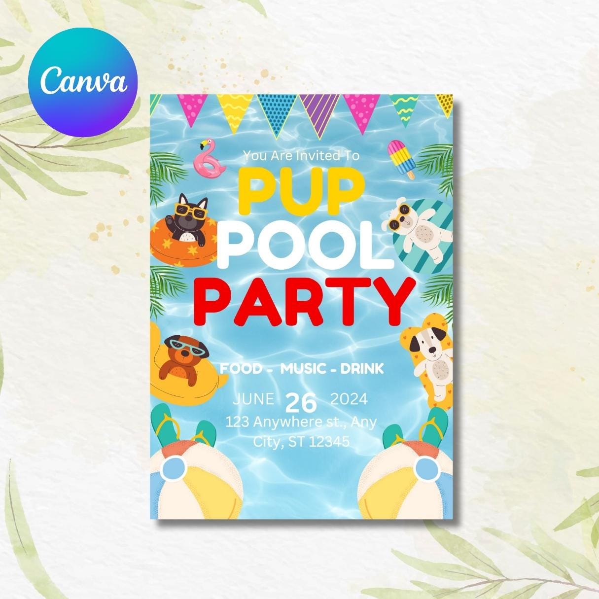 Dog Pool Party Invitation, Puppy Pawty Invite, Puppies Dogs Birthday ...