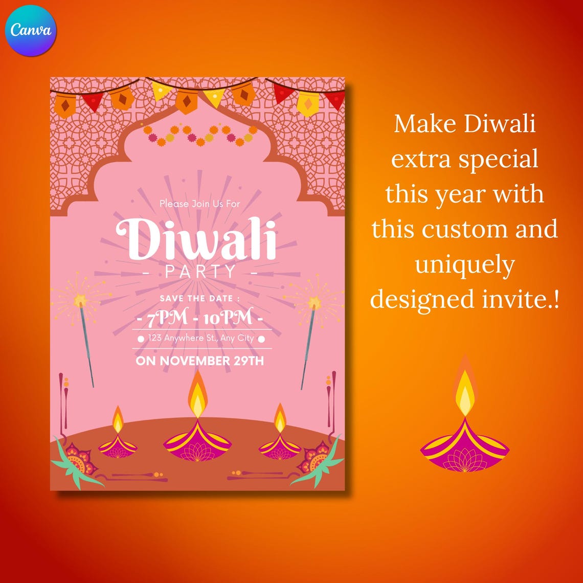 Diwali Party Invitation, Editable Hindu Festival of Lights Digital Card ...