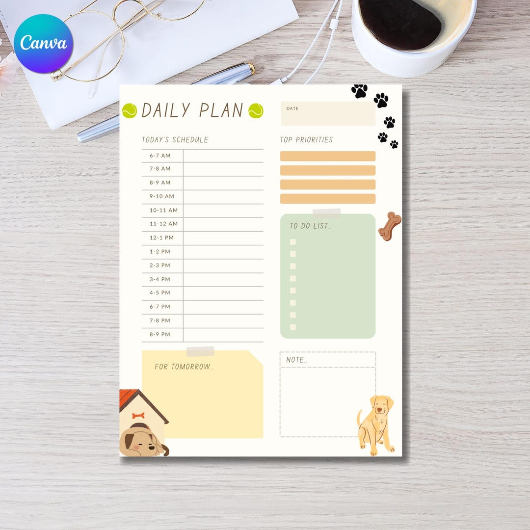 Dog Themed Printable Daily Planner, Digital Daily Planner, Hourly ...