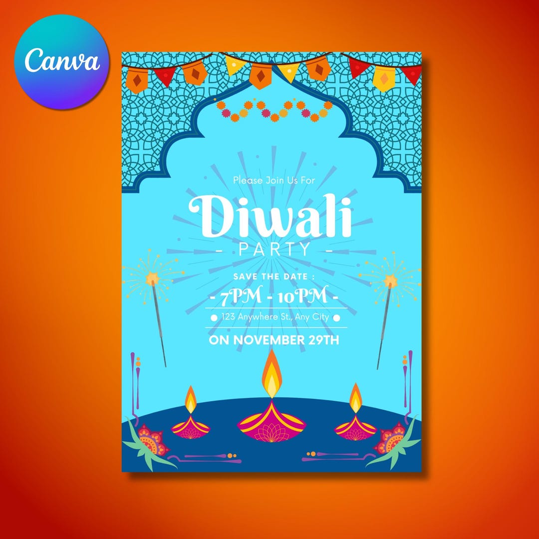 Diwali Party Invitation, Editable Hindu Festival of Lights Digital Card ...