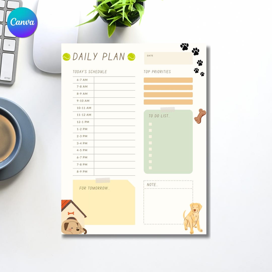 Dog Themed Printable Daily Planner, Digital Daily Planner, Hourly ...