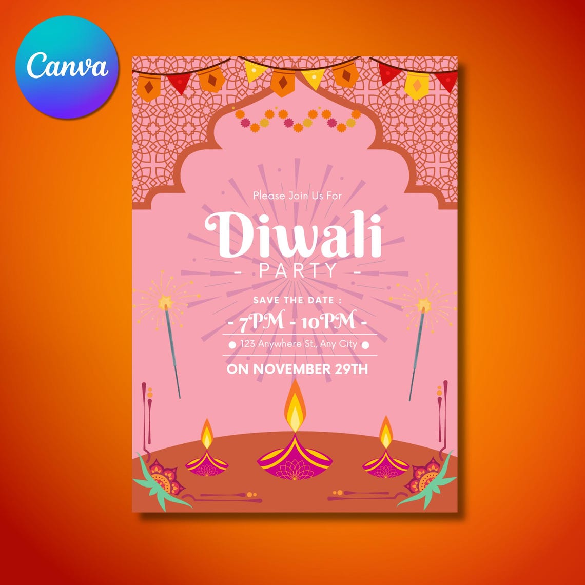 Diwali Party Invitation, Editable Hindu Festival of Lights Digital Card ...