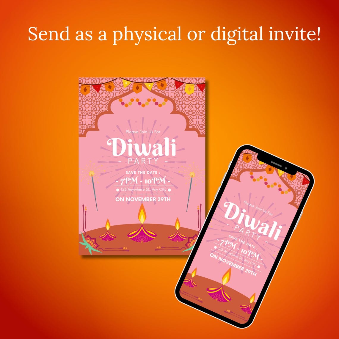 Diwali Party Invitation, Editable Hindu Festival of Lights Digital Card ...