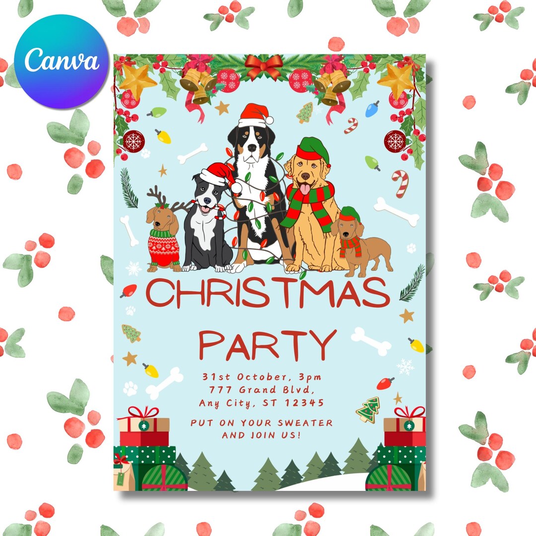 Editable Christmas Dog Invitation, Puppy Party Invitation, Printable ...