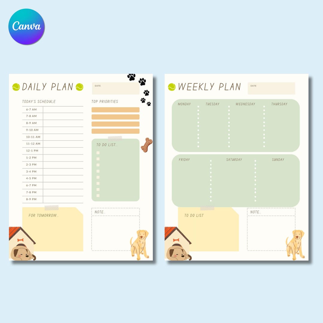 Dog Themed Printable Daily Planner, Digital Daily Planner, Hourly ...