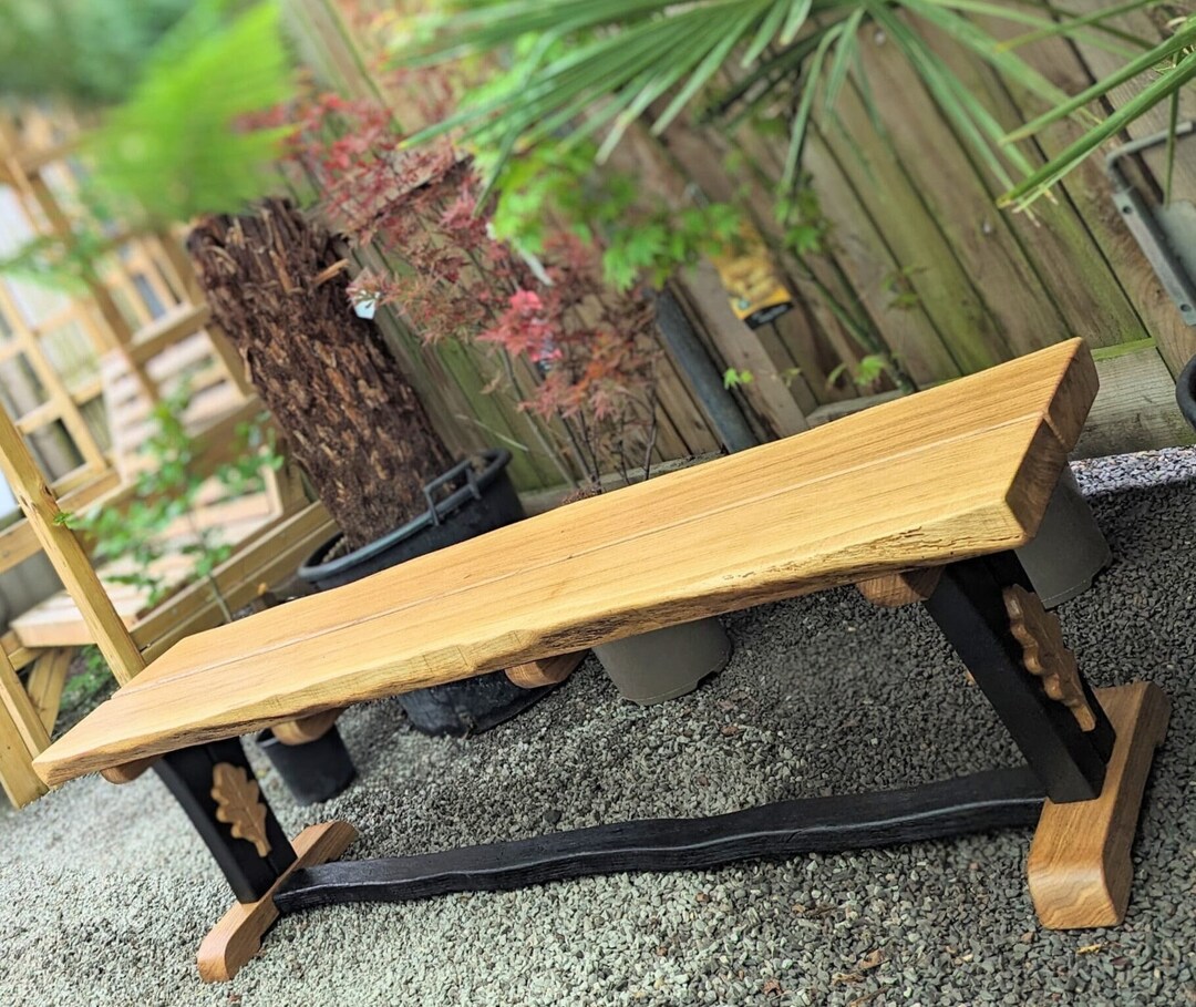 Solid Oak Bench With Oak Leaf Inlays and yakisugi Burned Oak Legs - Etsy